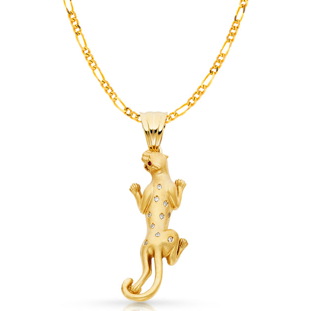 14K Gold CZ Puma Charm Pendant with 3.8mm Figaro 3+1 Chain Necklace ...